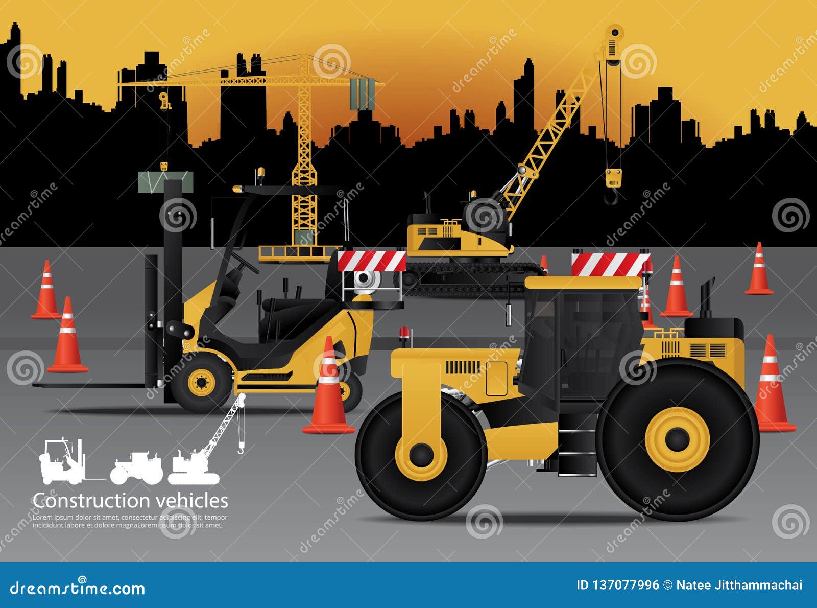 Construction Vehicles Set with Building Background Stock Vector ...