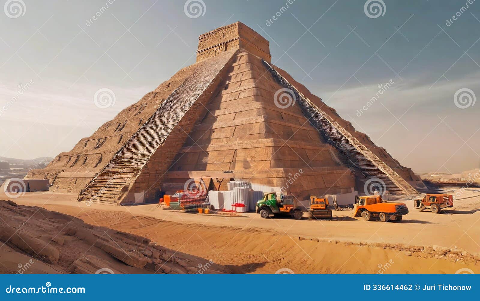 Construction Vehicles and Workers at an Ancient Pyramid Site in a ...