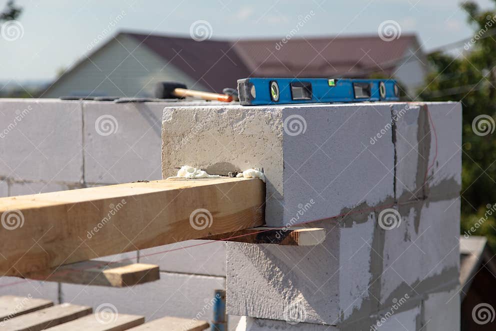 Construction of the Walls of the House from Foam Concrete Bricks Stock ...