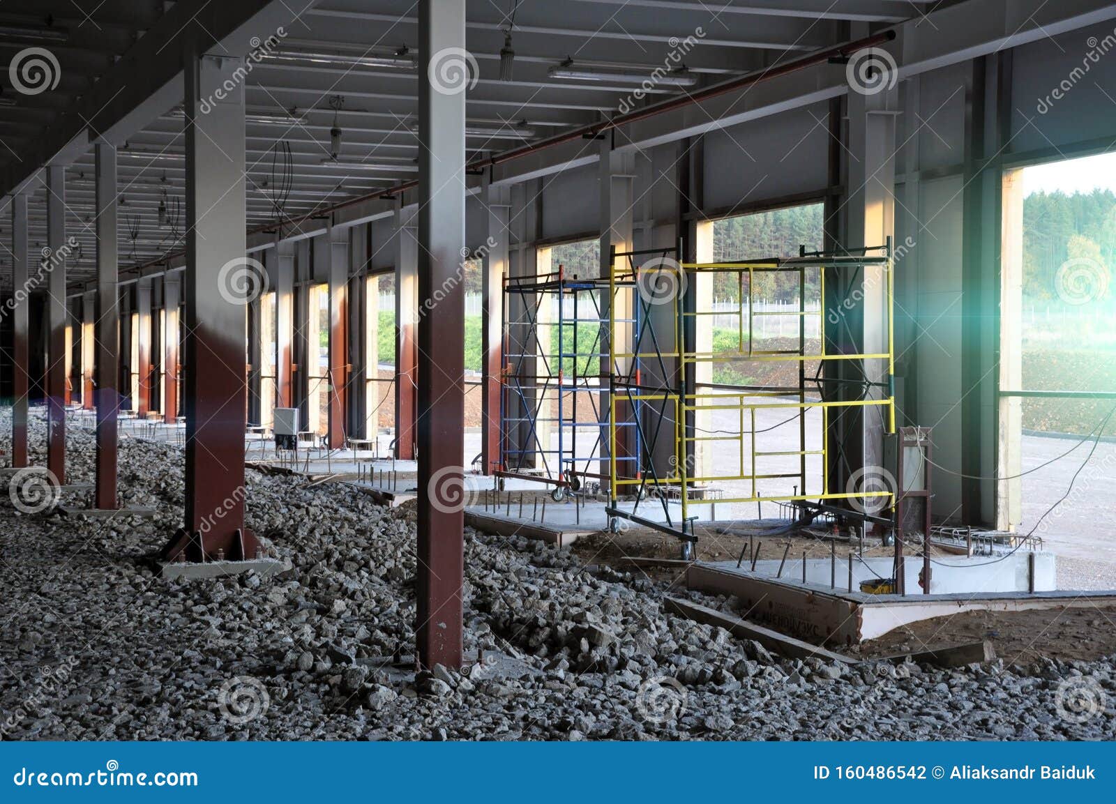 Construction of a Warehouse Complex, Inside View. Columns are Installed ...