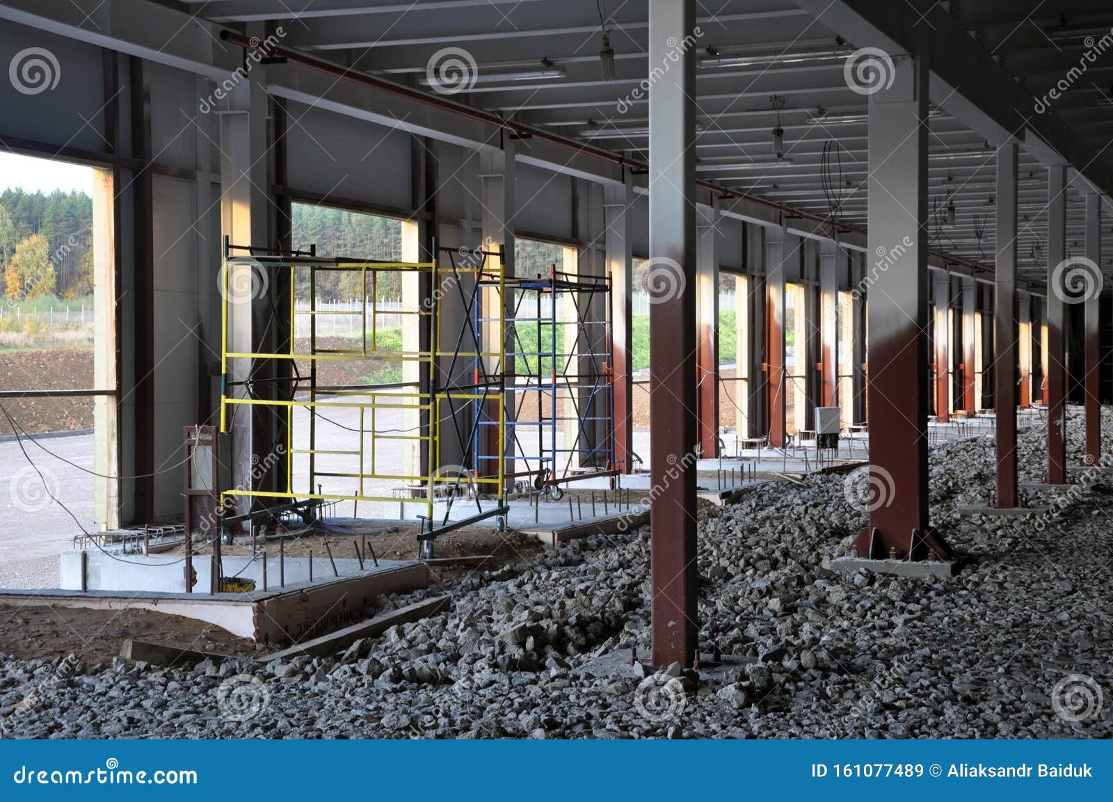 Construction of a Warehouse Complex, Inside View. Columns are Installed ...