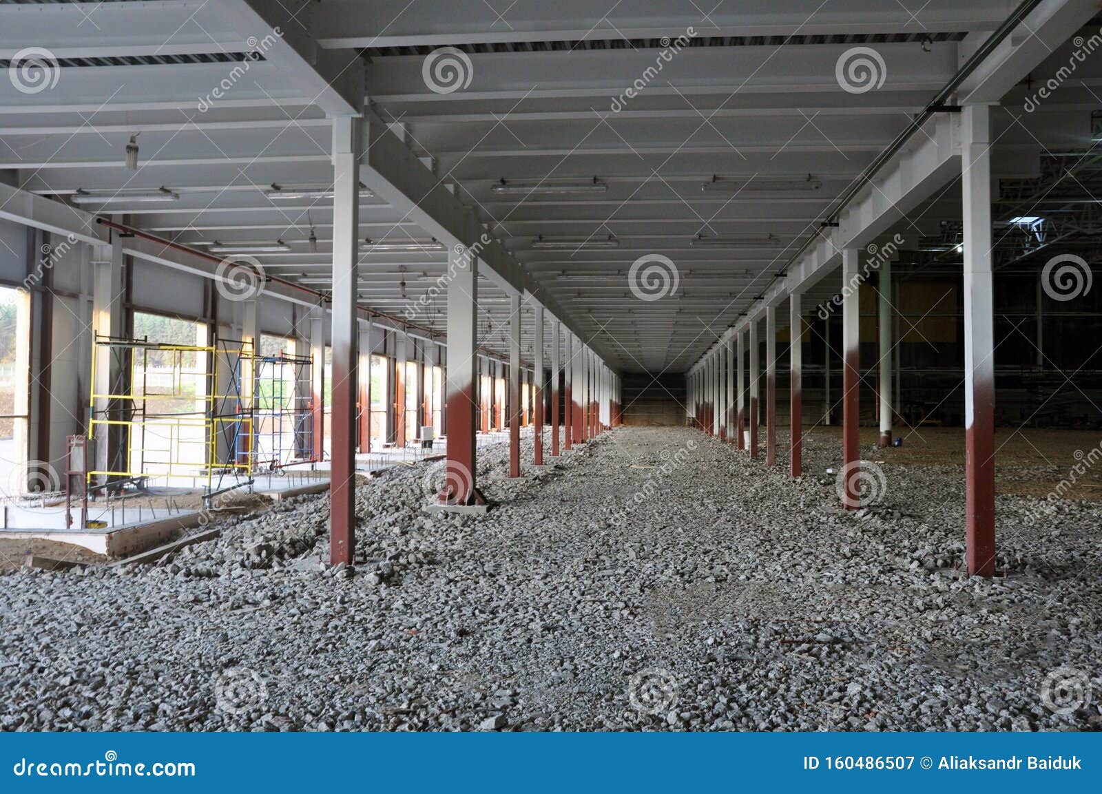 Construction of a Warehouse Complex, Inside View. Columns are Installed ...
