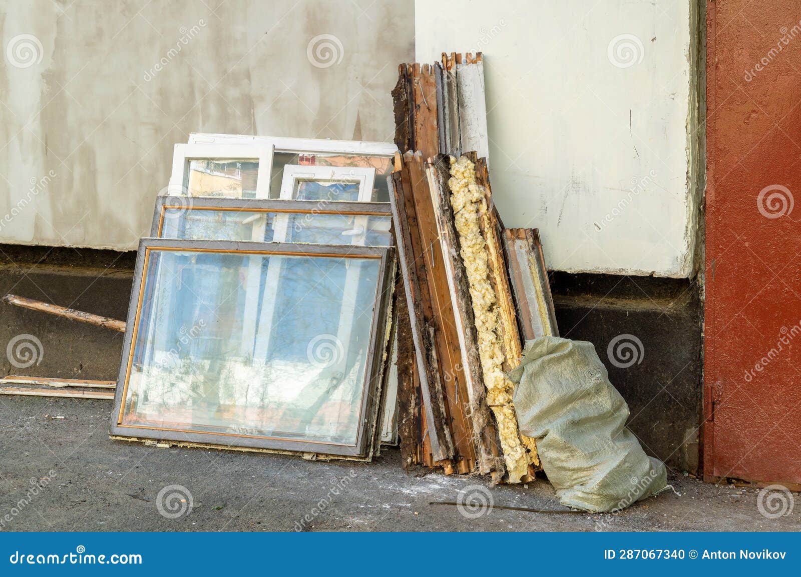Construction Waste. Old Window Frames Stacked for Disposal Stock Photo ...