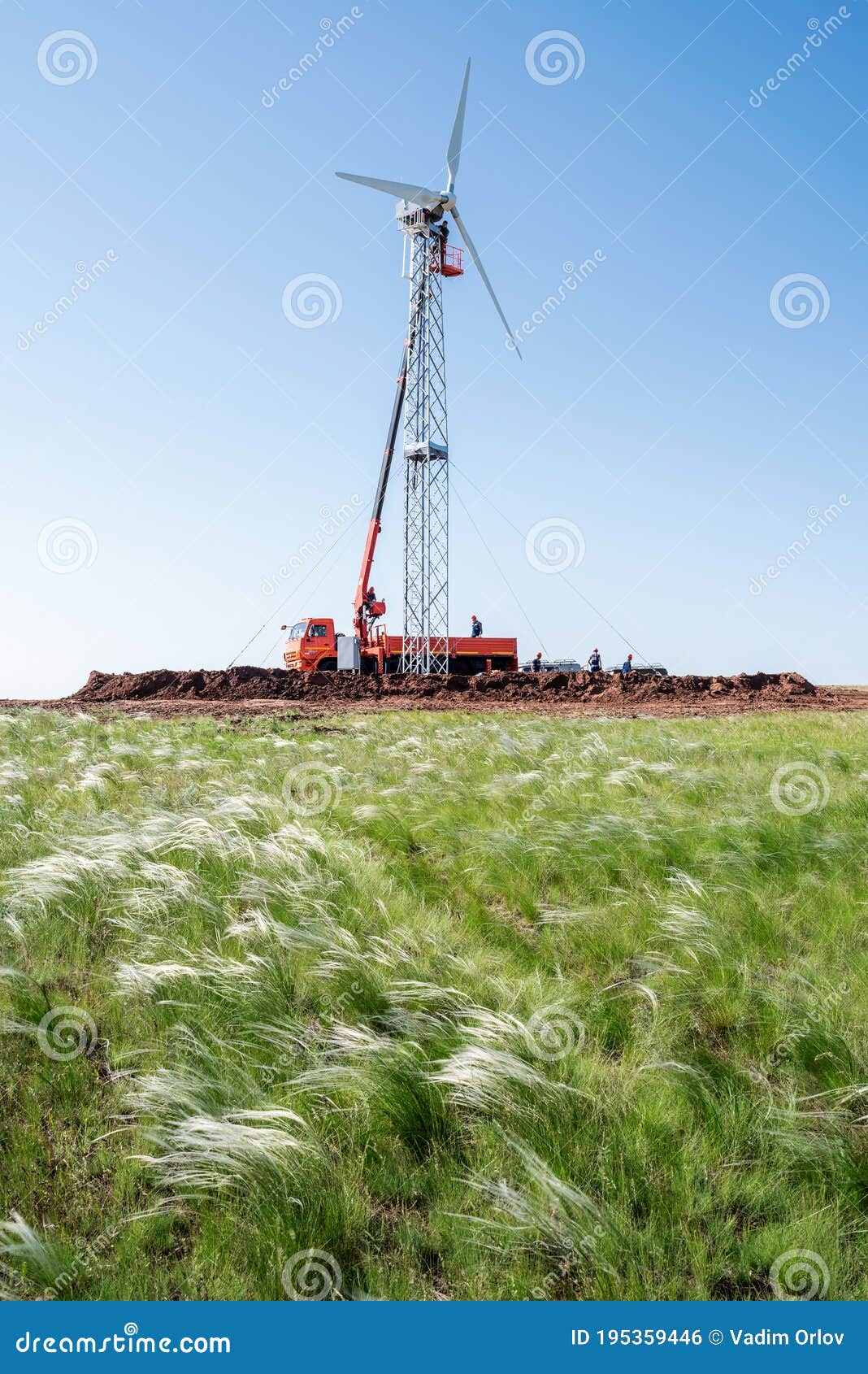 Construction of a Wind Power Plant. Installation Work Using an Aerial ...