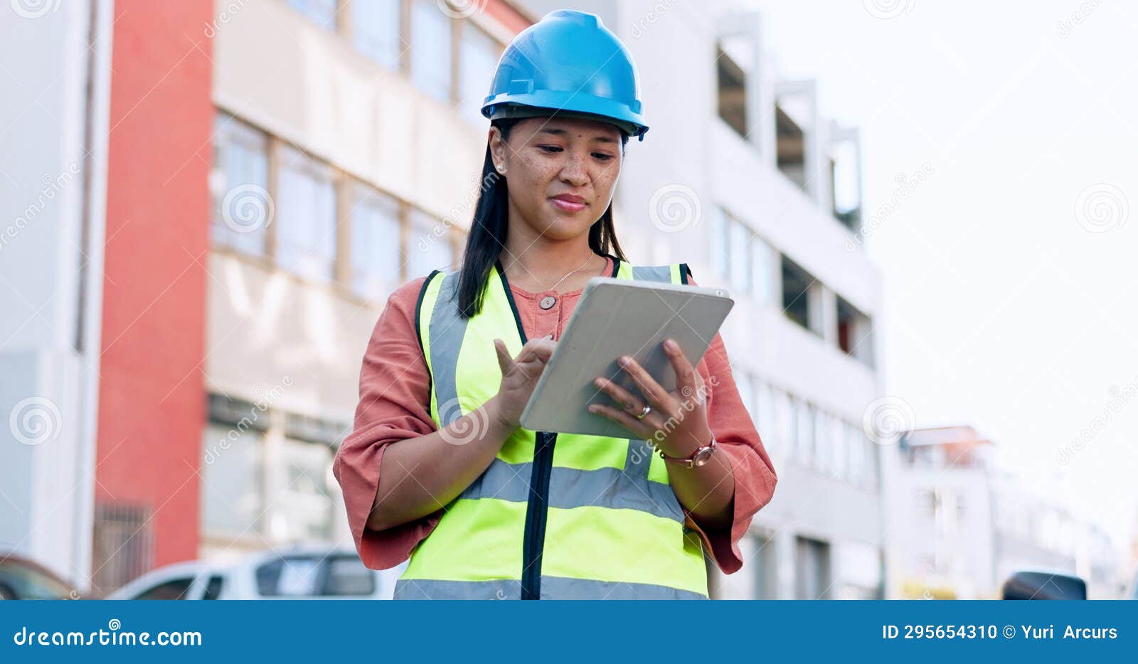Construction, Woman and Tablet for Inspection at Job Site, Check ...