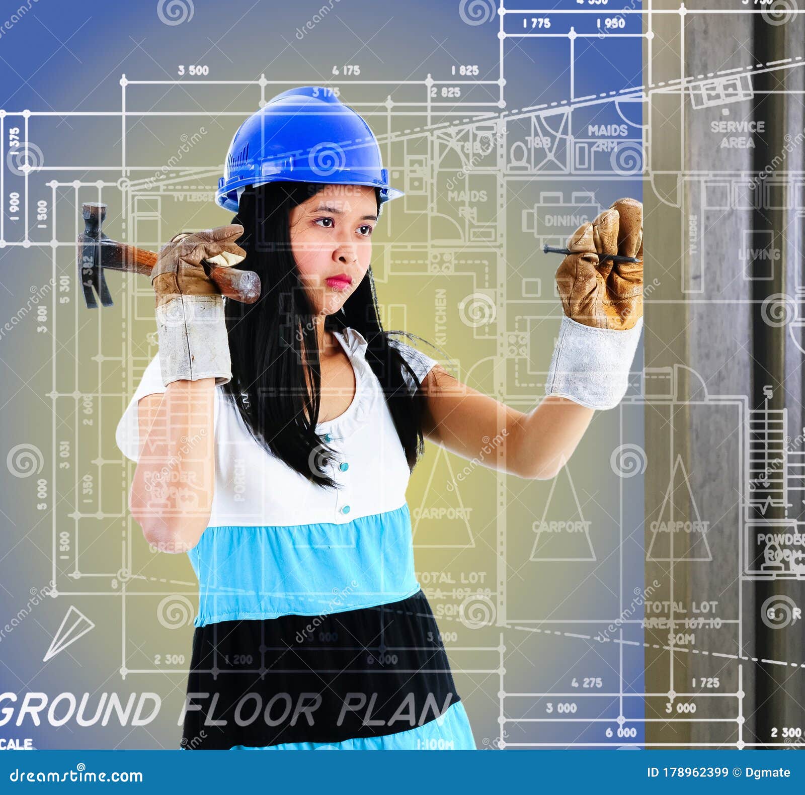 Construction Woman with Tools Stock Image - Image of plan, gloves ...