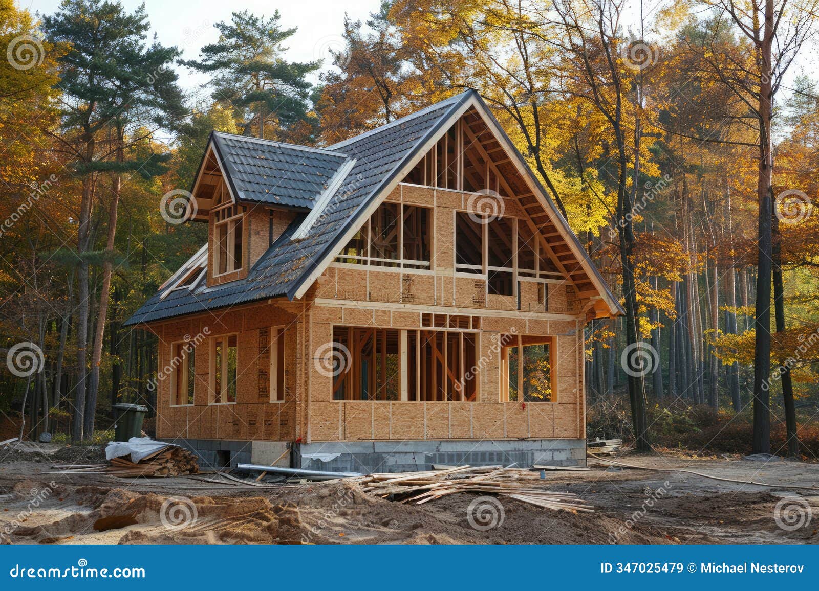 Using An Frame Of Trusses Framework, Build A Wooden Roof Beam Install ...