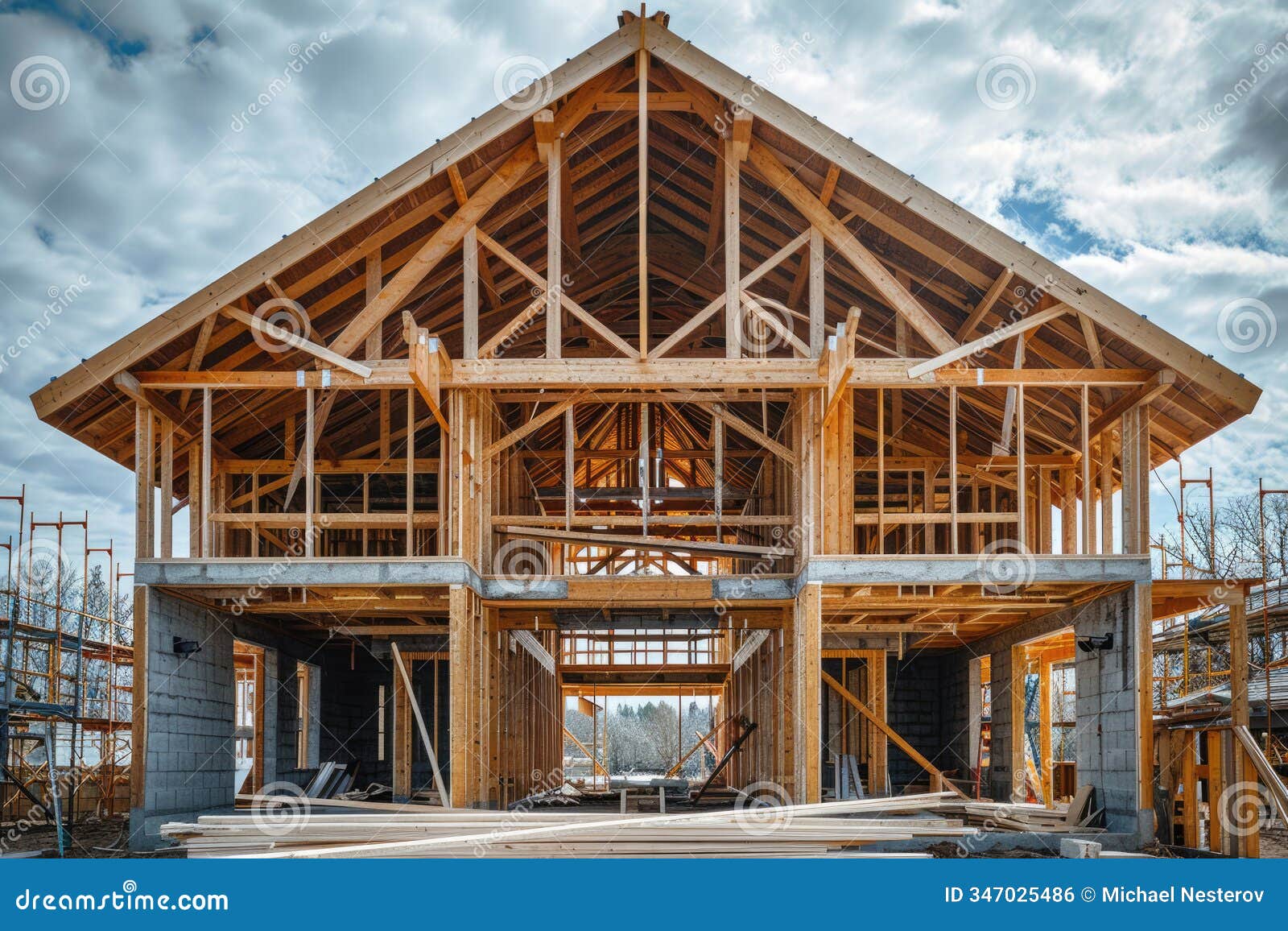 Using An Frame Of Trusses Framework, Build A Wooden Roof Beam Install ...