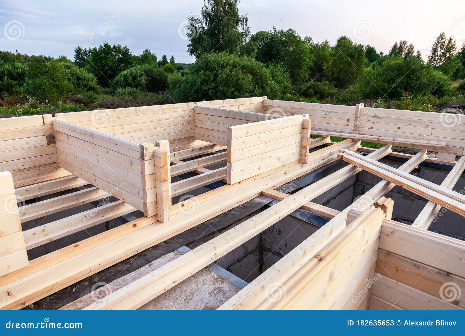 Construction of a Wooden House on the Stone Foundation Stock Image ...