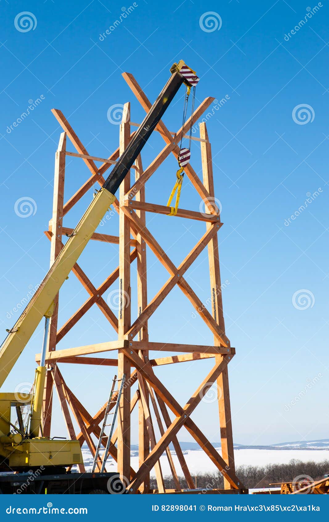Construction Of Wooden Towers Using A Mobile Crane Stock Image ...