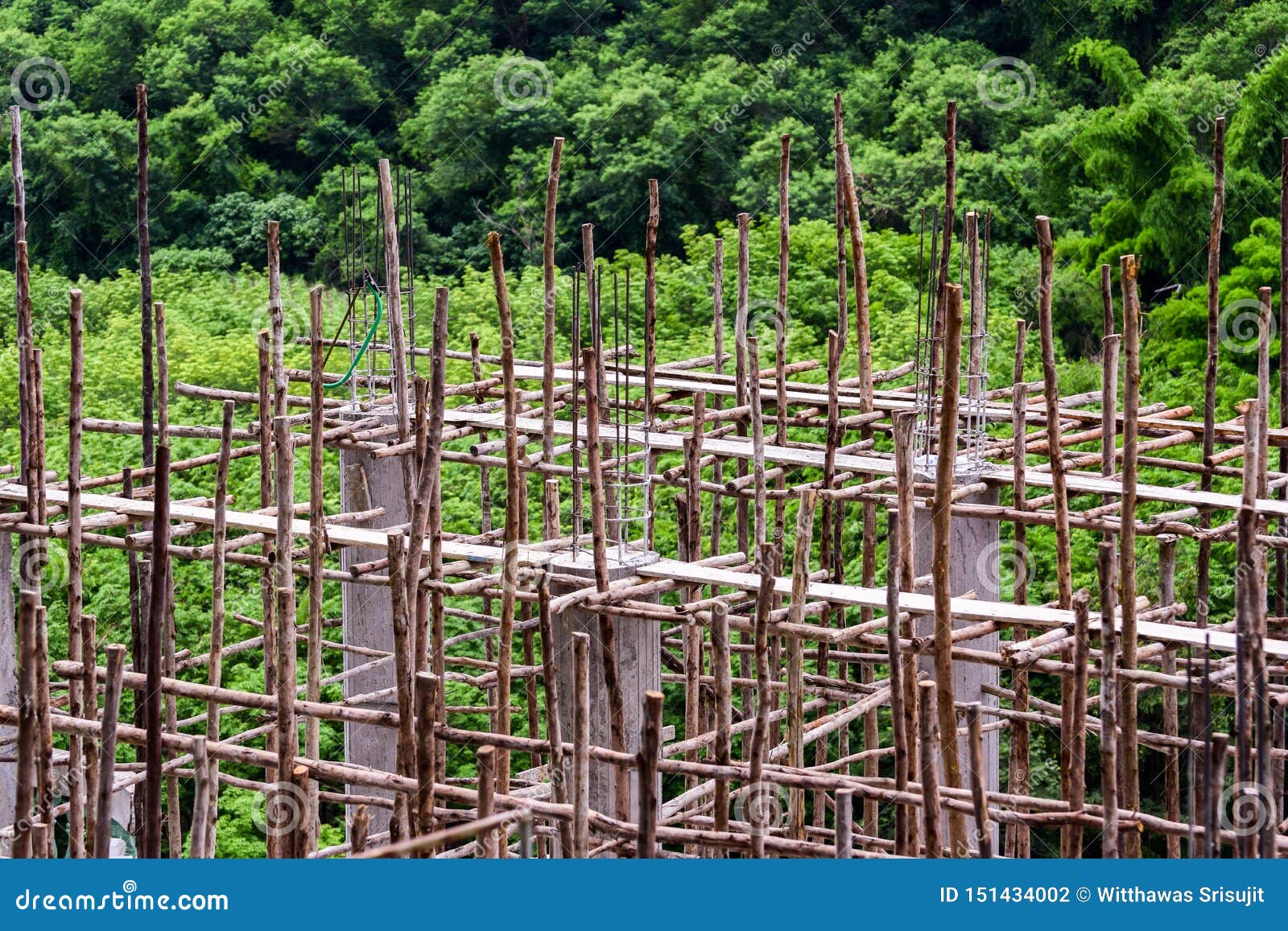 Construction Work with Cement and Wood, Casting Concrete Mortar Columns ...