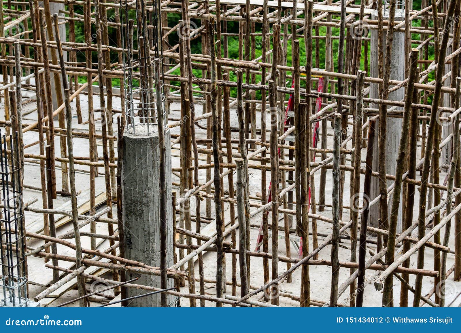 Construction Work with Cement and Wood, Casting Concrete Mortar Columns ...