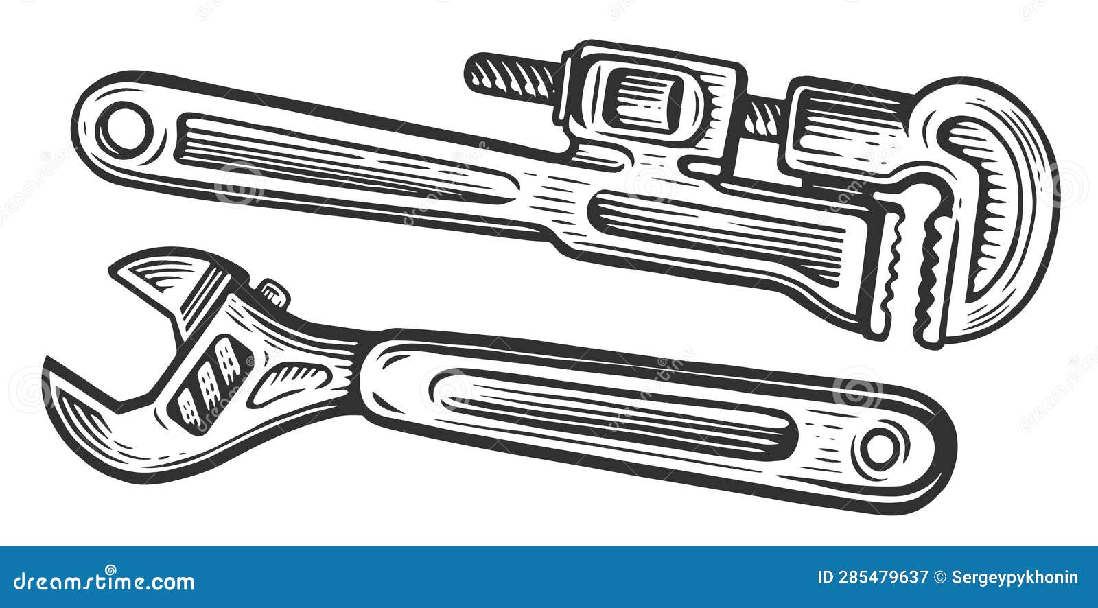 Adjustable Wrench and Plumbing Tool. Construction Work Concept. Sketch ...