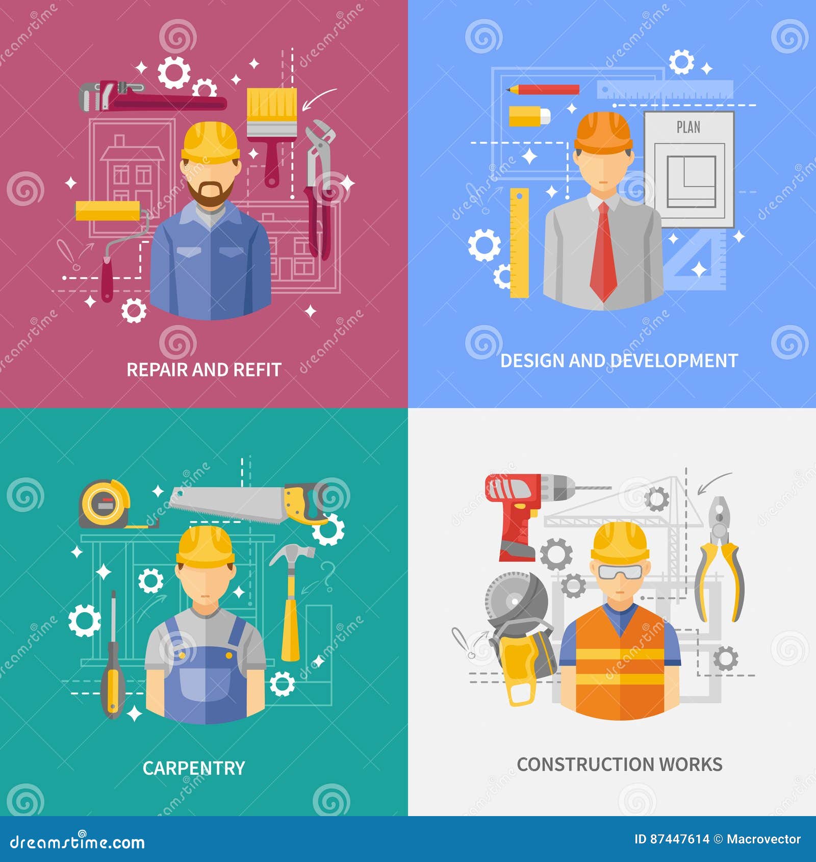 Construction Work Concept Square Composition Banner Stock Vector ...