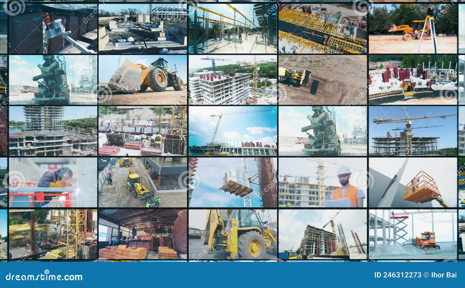 Construction Work at the Construction Site Collage. Multiwindow Video ...