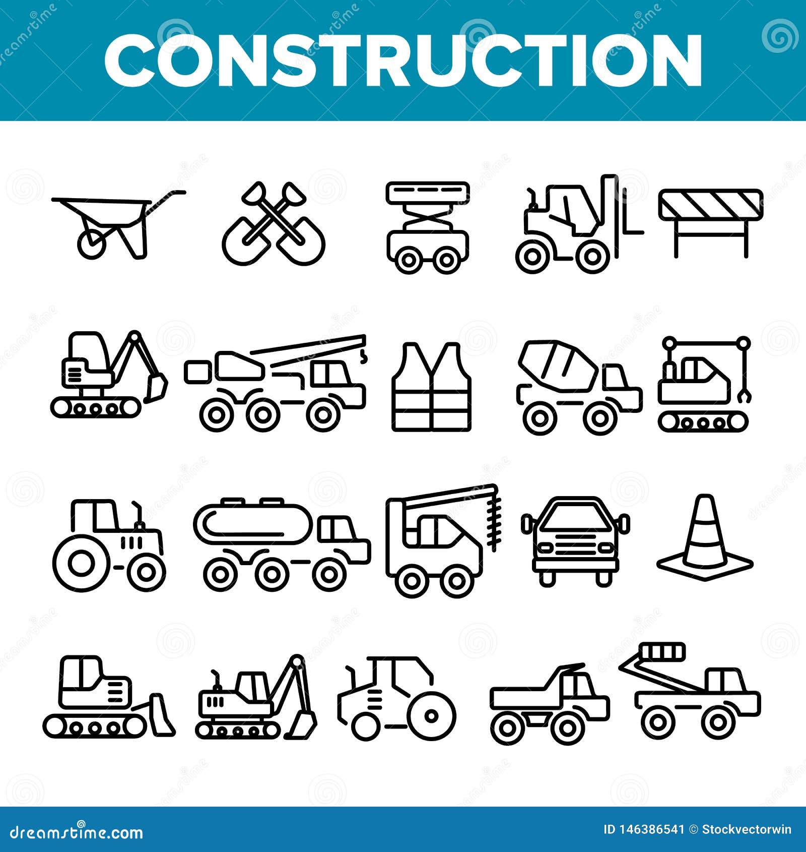Construction Work Elements Linear Vector Icons Set Stock Vector ...