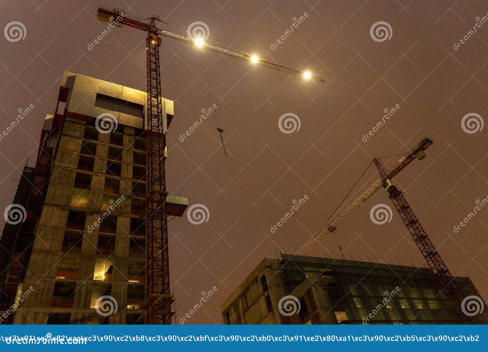 Construction Work of Houses at Night, Crane Loader at Night on the ...