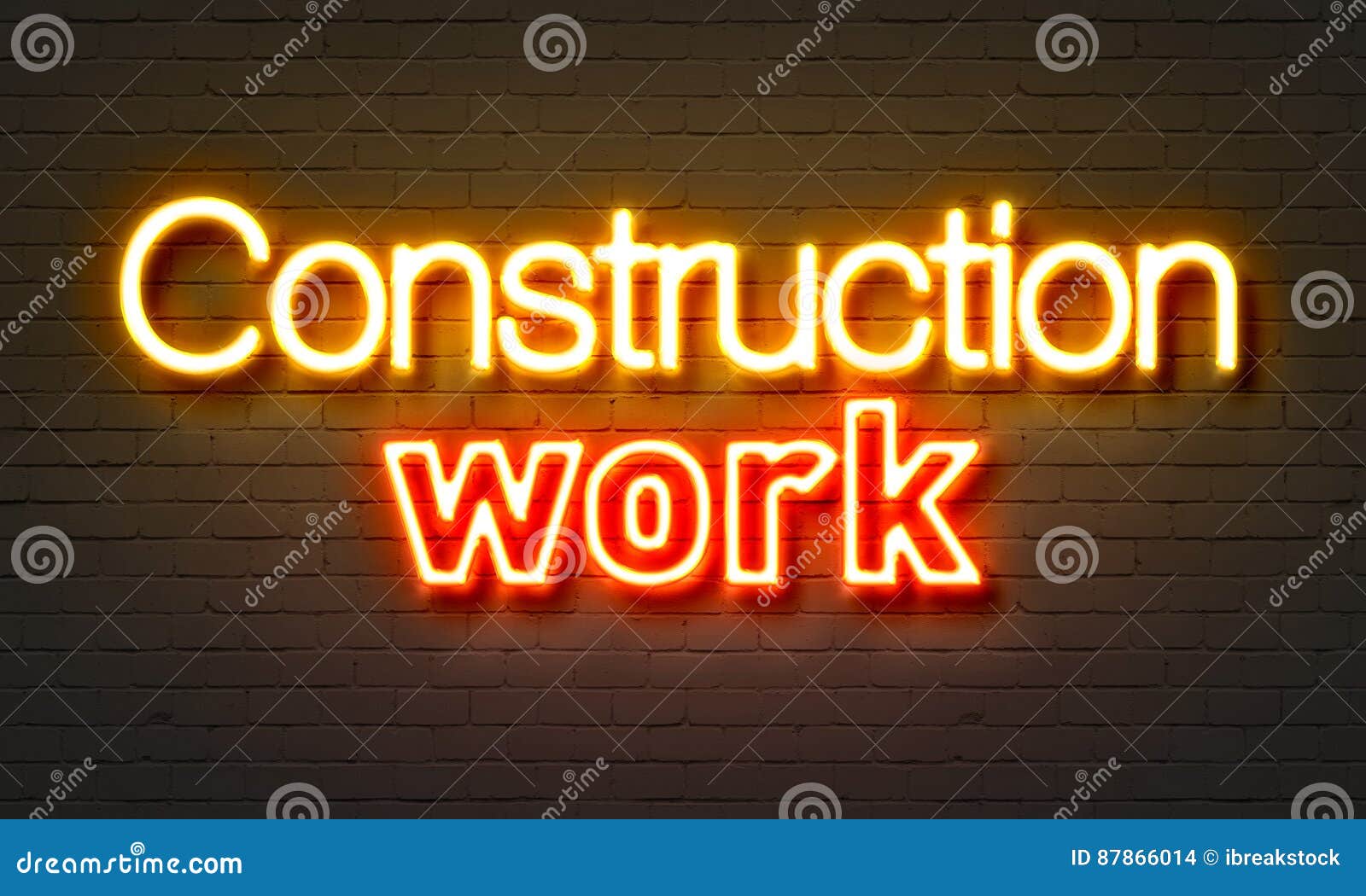 Construction Work Neon Sign on Brick Wall Background. Stock Photo ...