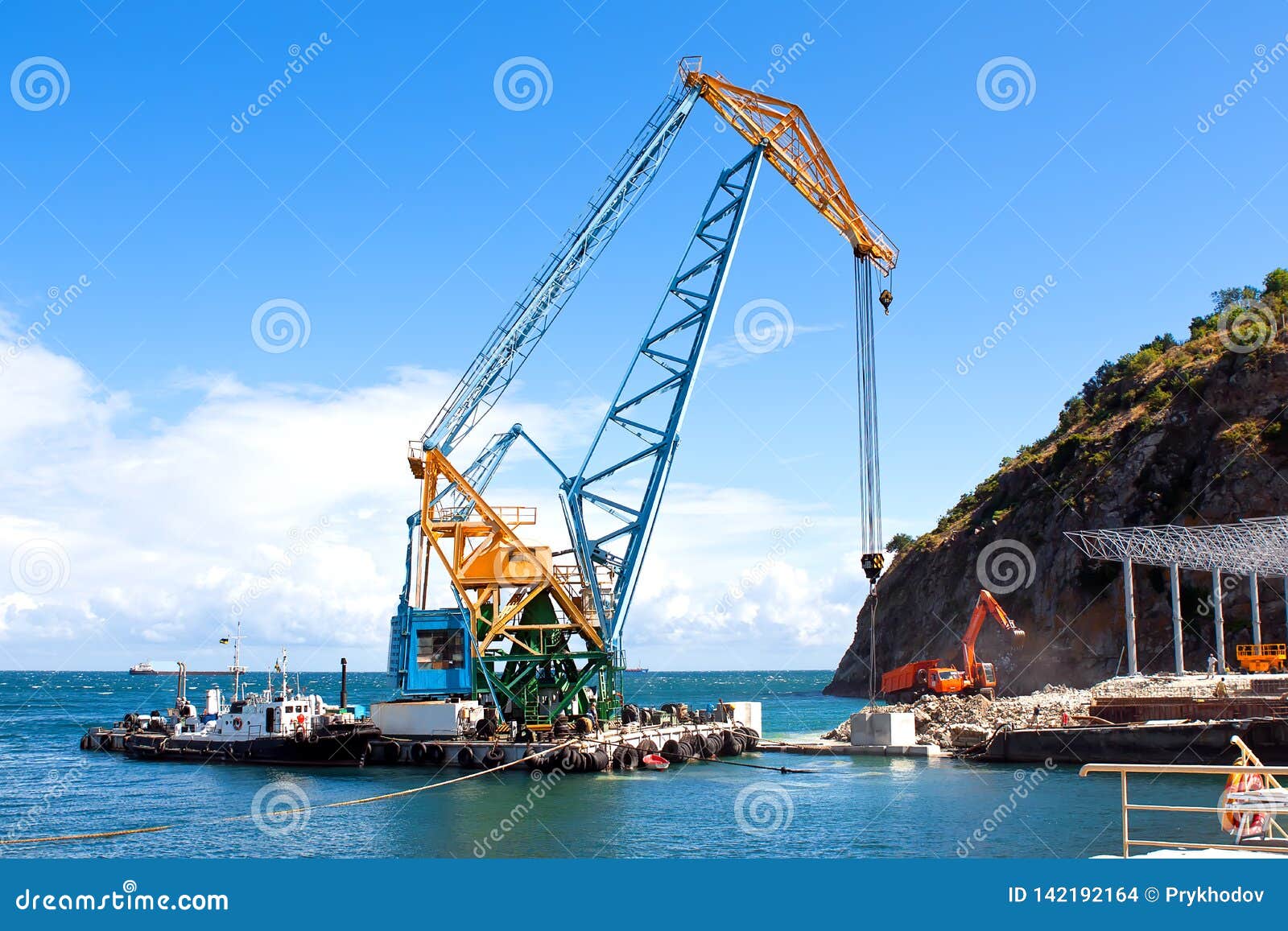 Construction work in port stock photo. Image of harbor - 142192164