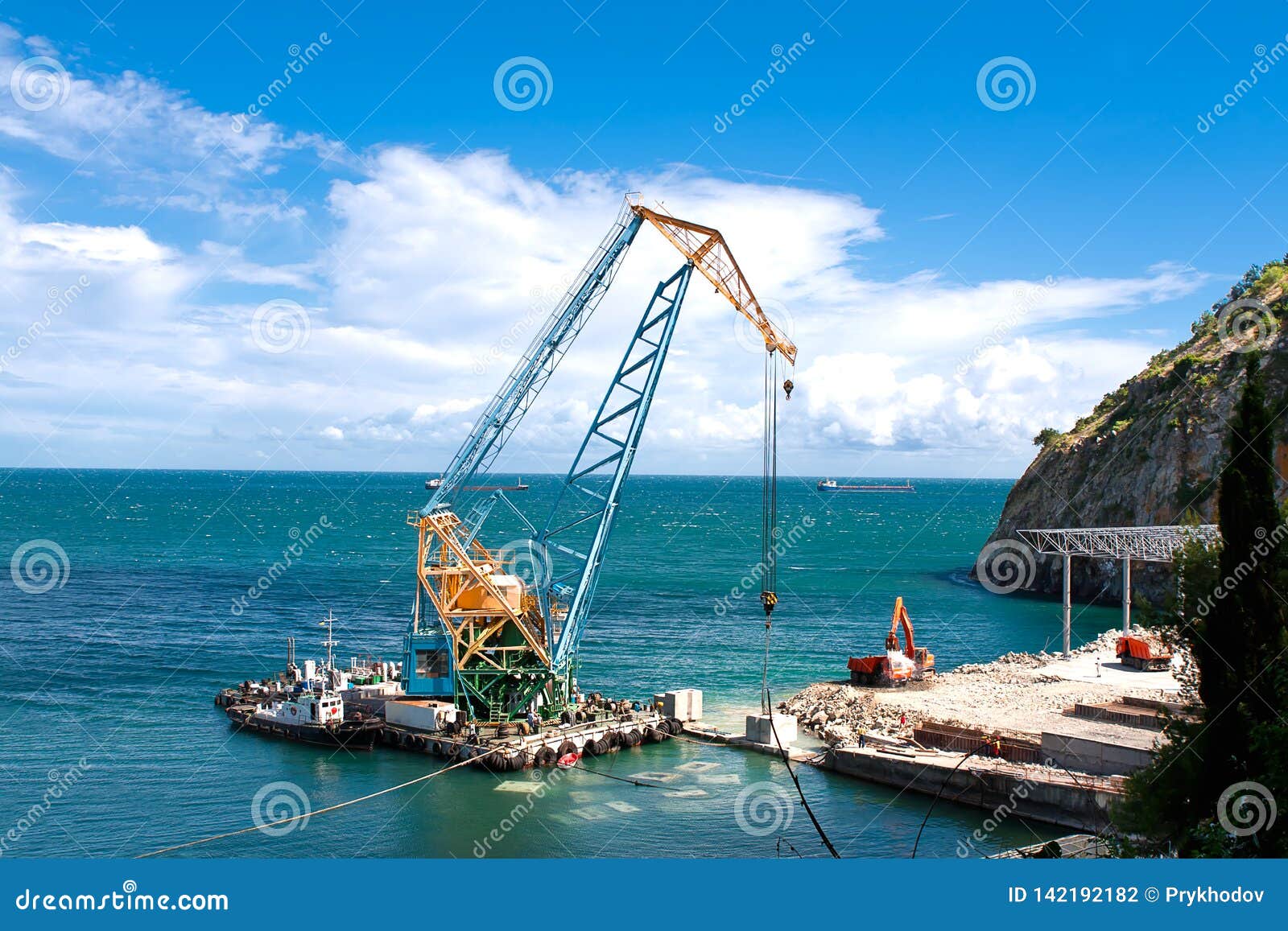 Construction work in port stock photo. Image of docked - 142192182