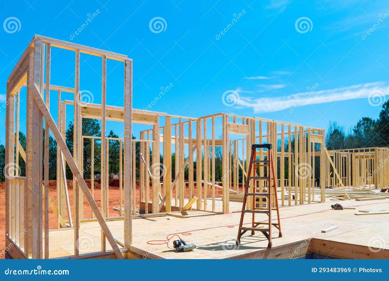 Construction Work in Progress Viewing an Unfinished House with Wooden ...
