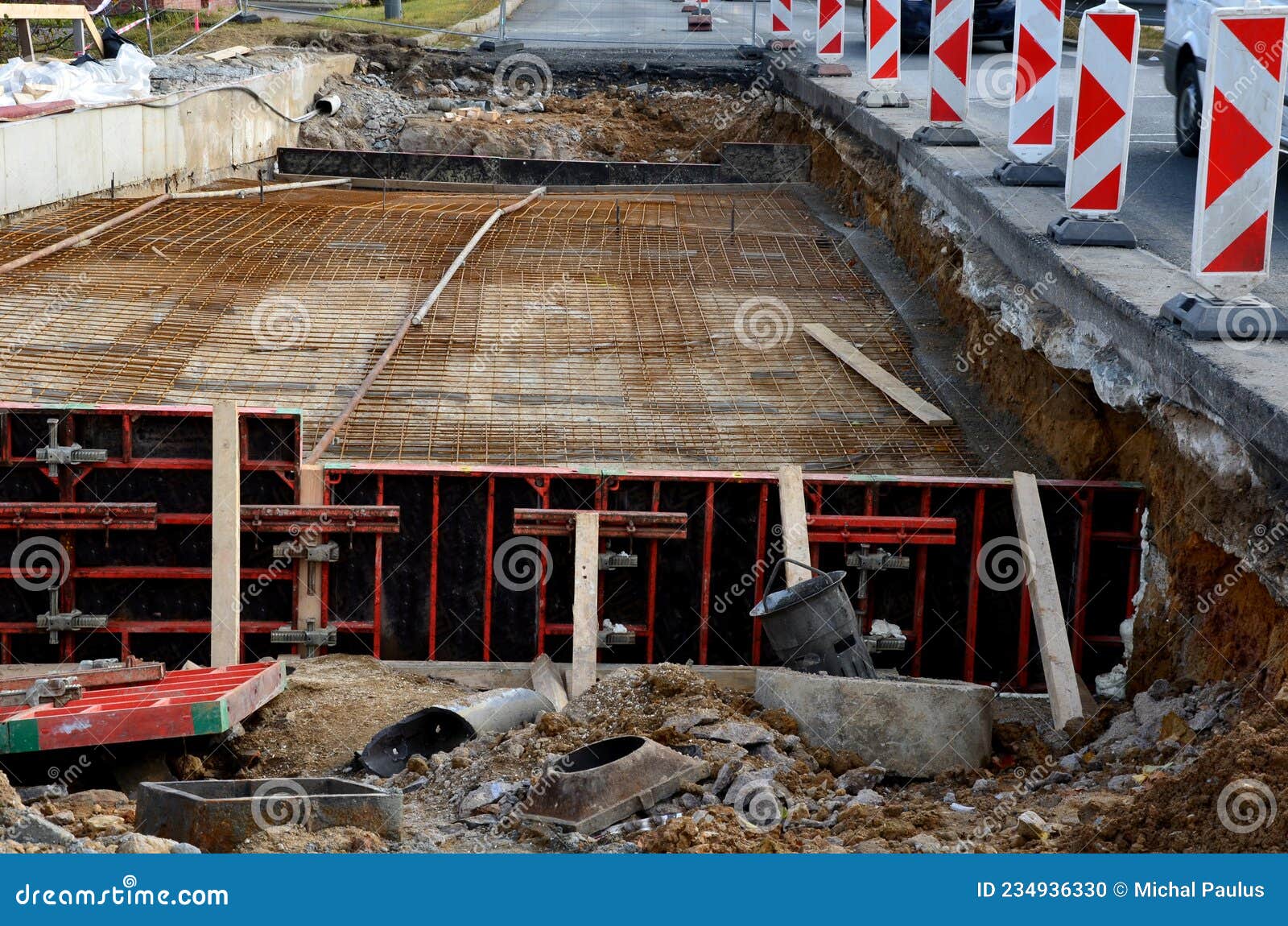 Construction Work for the Reconstruction of a Road Bridge. Wires and ...