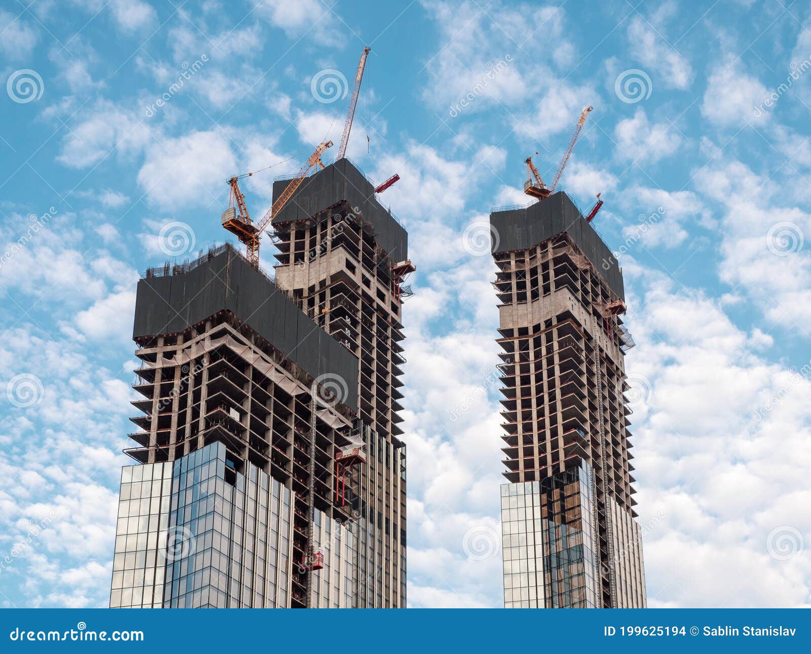 Construction Work Site and High Rise Building. Elevators Lifts To the ...