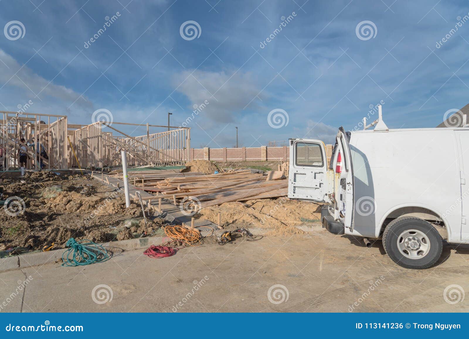 Work Van with Back Open and Tools at Construction Site Stock Photo ...