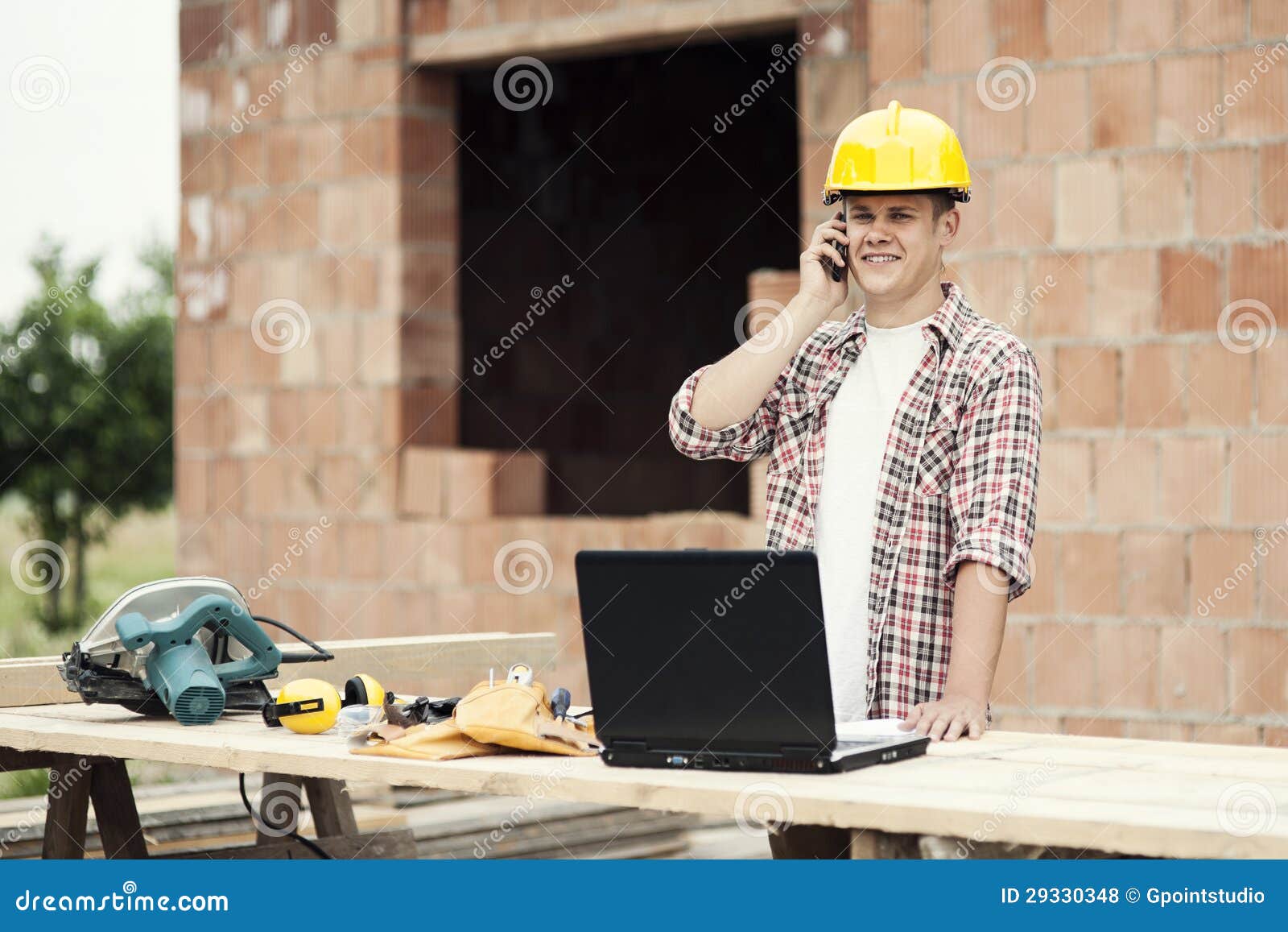 Construction worker stock photo. Image of male, laptop - 29330348