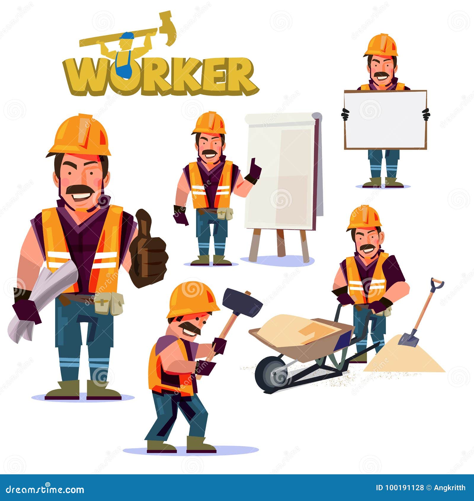 Construction Worker in Action. Character Design Set - Vector Stock ...