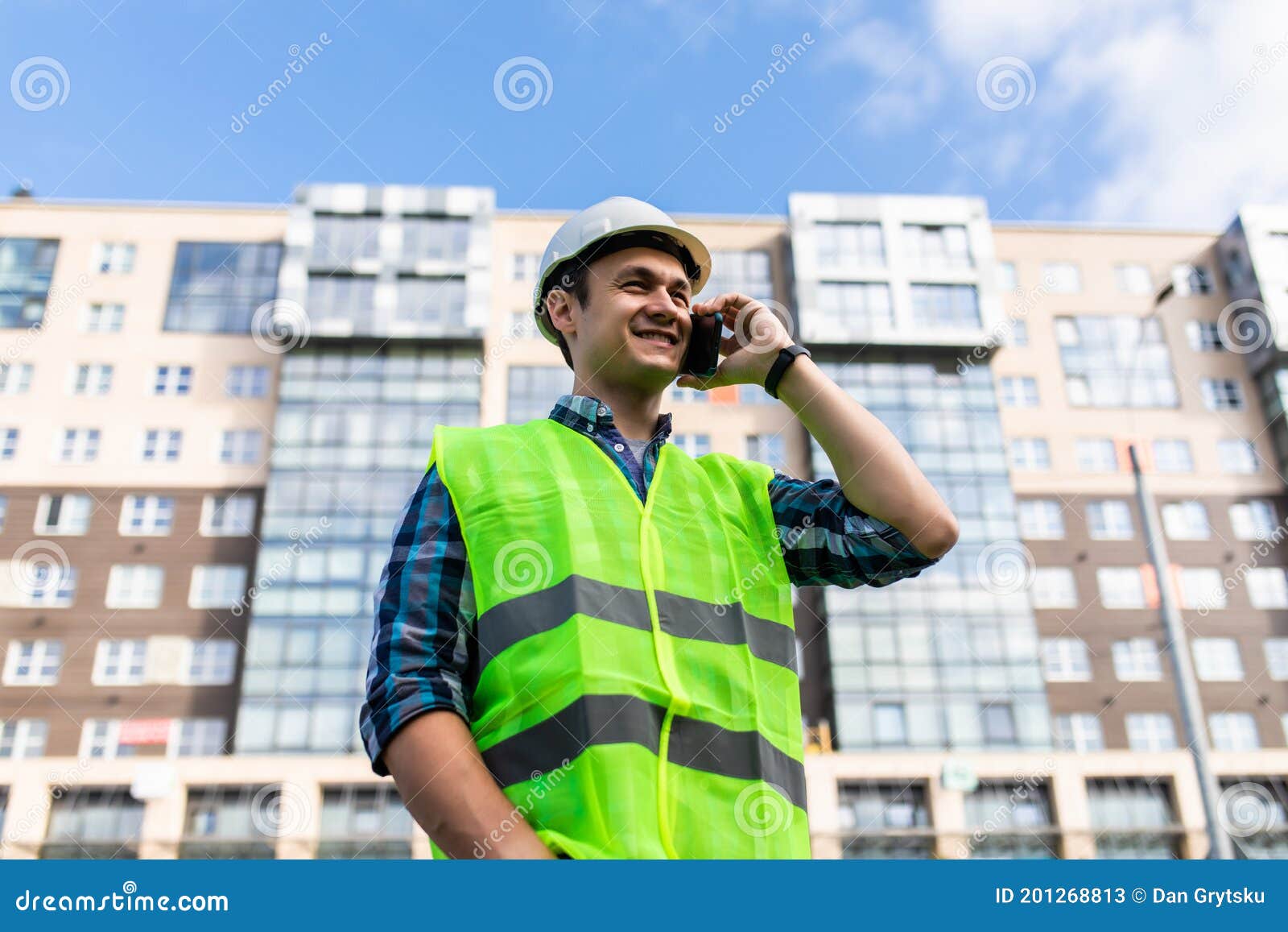 Construction Young Worker Activity with Mobile Phone Under New Building ...