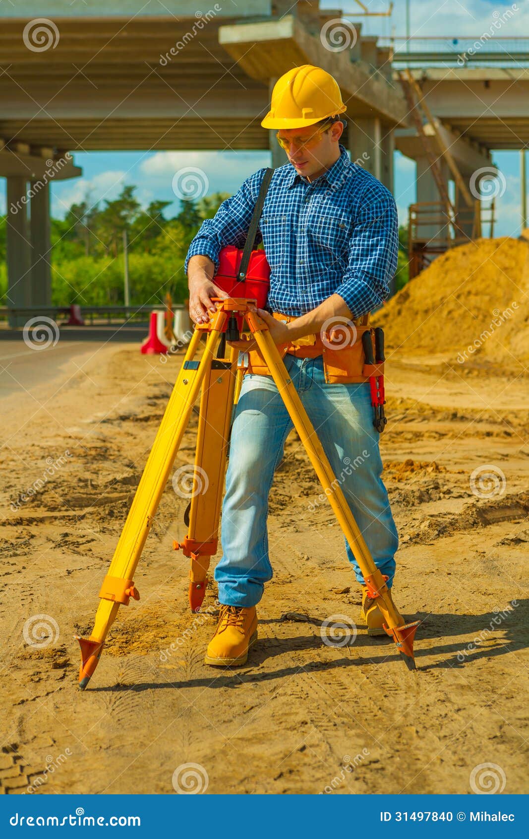 Construction Worker Adjusting Theodolite Stock Photo - Image of ...