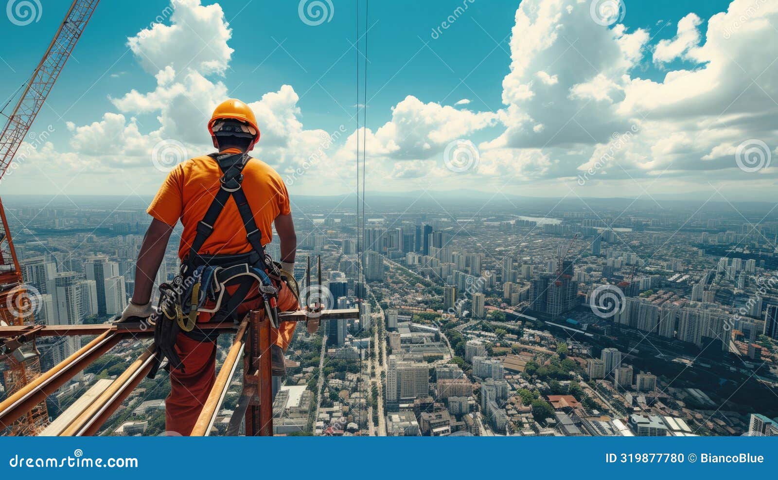 Construction Worker Admiring Cityscape from Skyscraper Rooftop. AIG41 ...