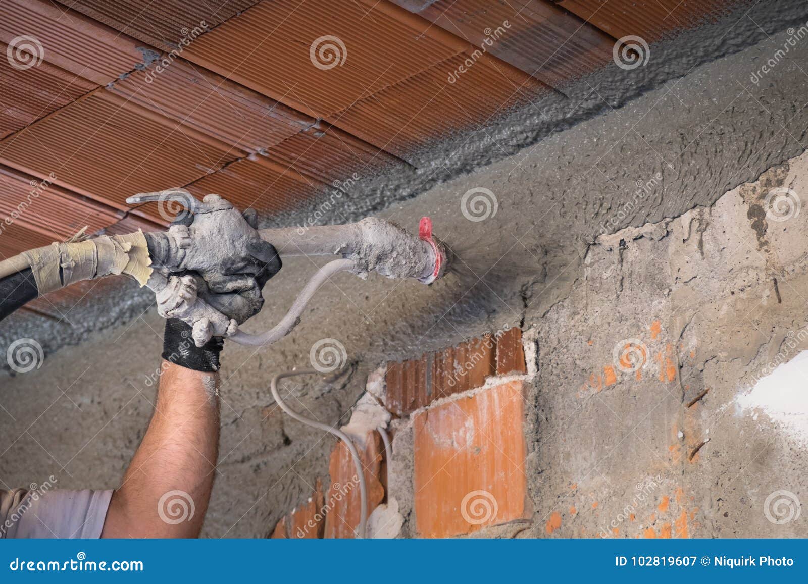 Construction Worker Applying Cement Plaster Stock Image - Image of ...