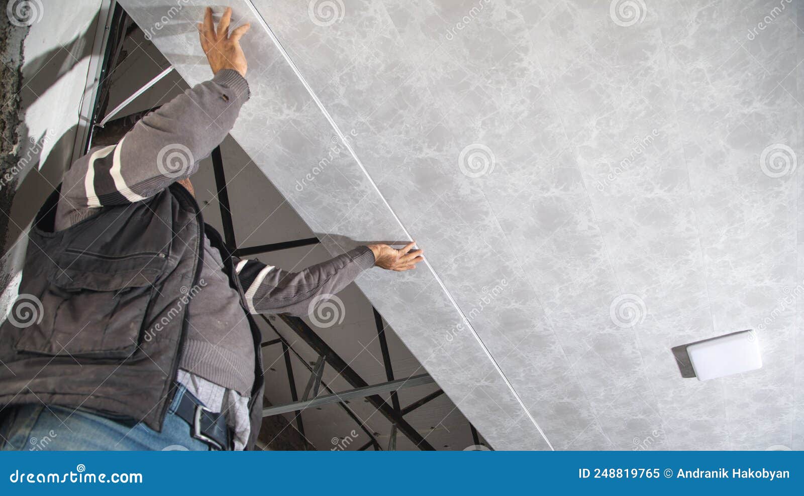 Construction Worker Assemble a Suspended Ceiling Stock Image - Image of ...