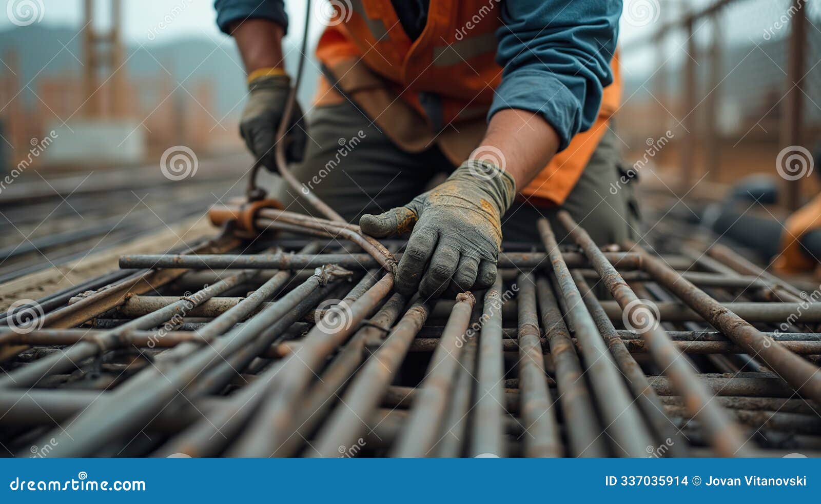 Construction Worker Assembling Reinforcement Steel Rods at Site Stock ...
