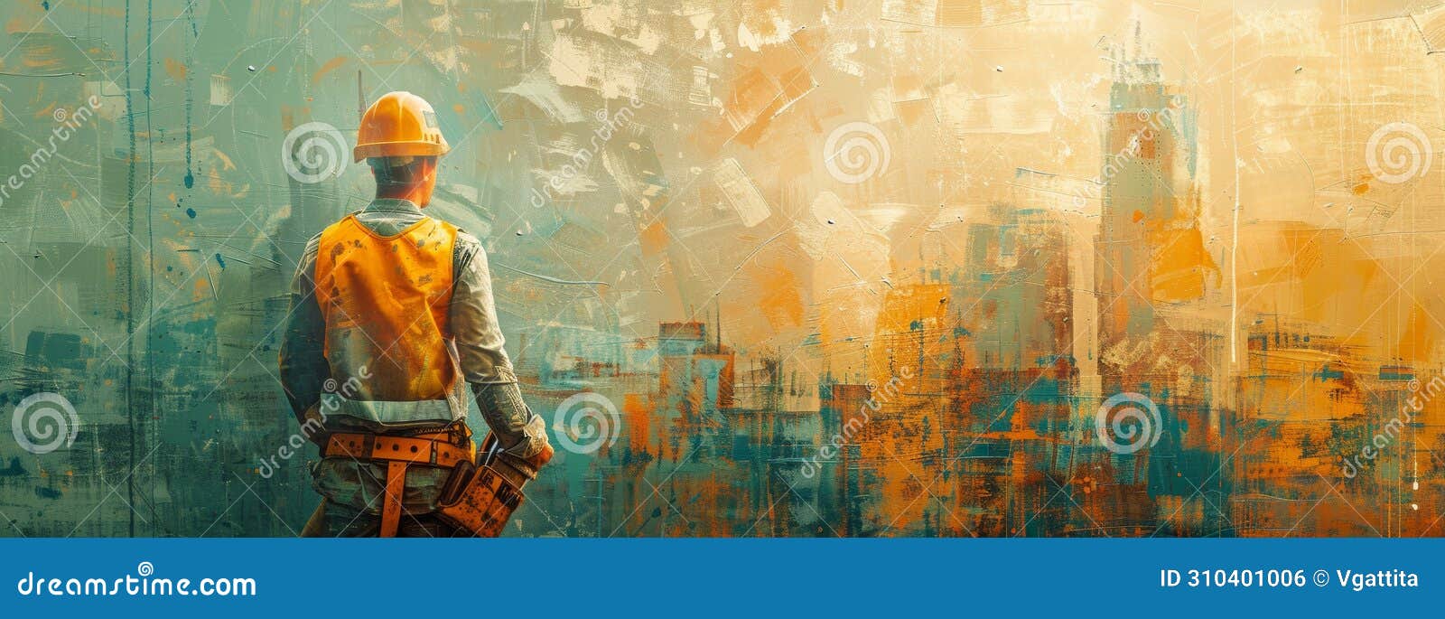 Construction Worker on Background Vibrant Abstract Cityscape Painting ...