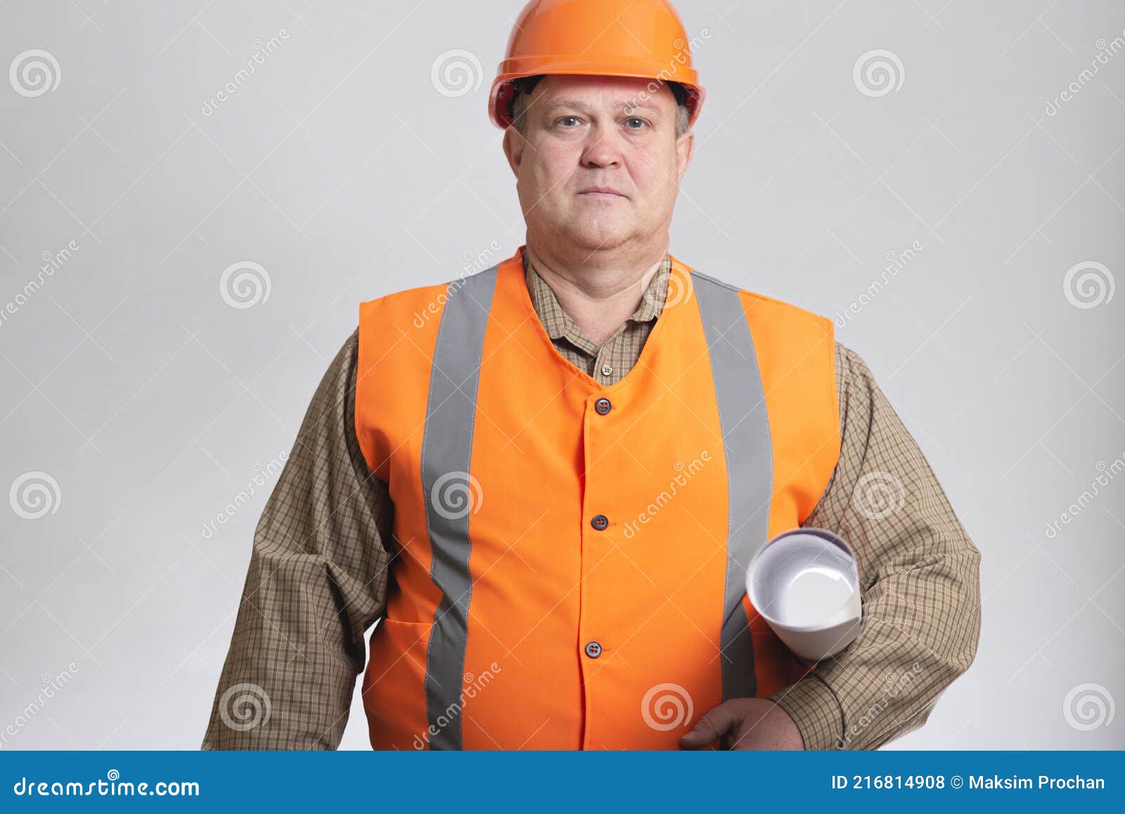 Construction Worker with Belly in Hard Hat on Studio Background, Happy ...