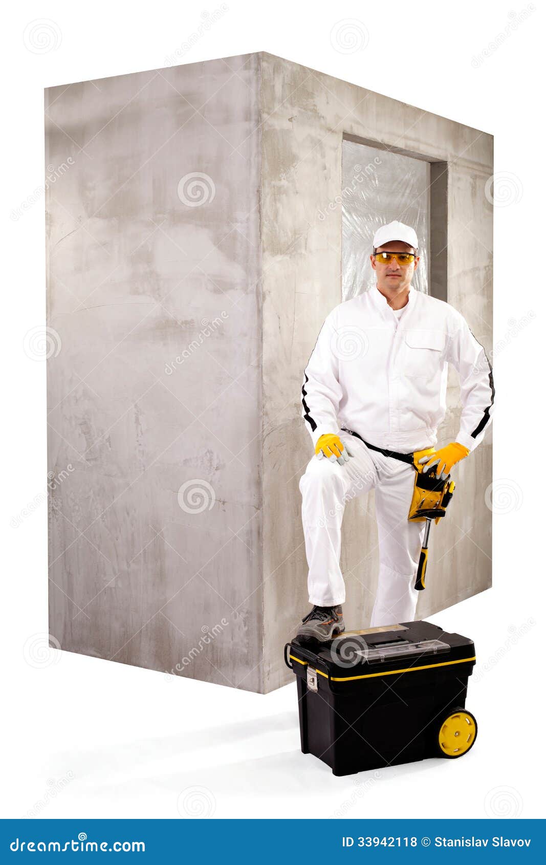 Construction Worker with Black Toolbox and Cement Wall on White Stock ...