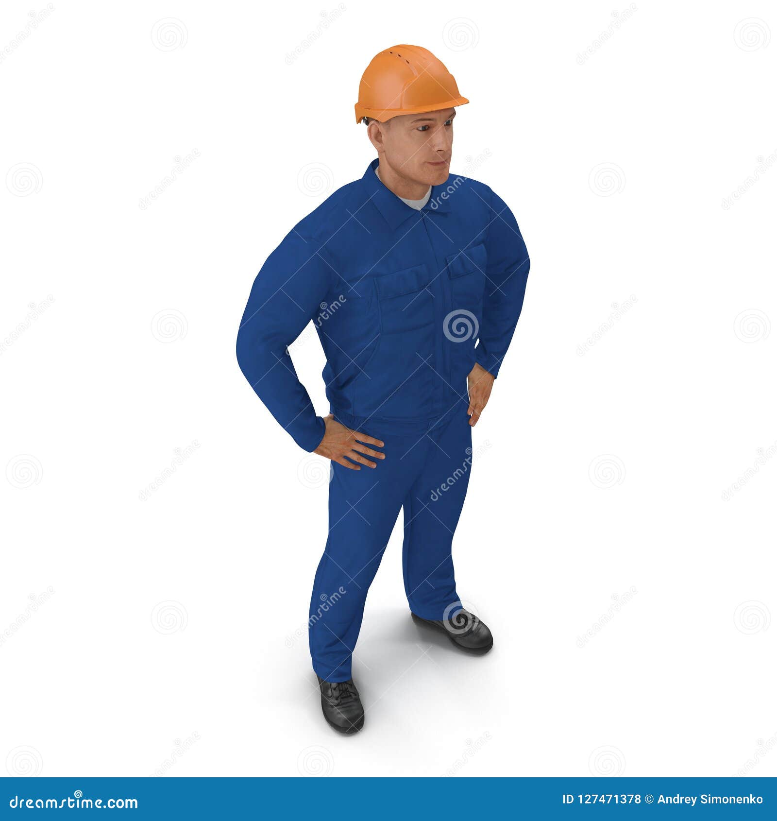 Construction Worker in Blue Coverall with Hardhat Standing Pose ...