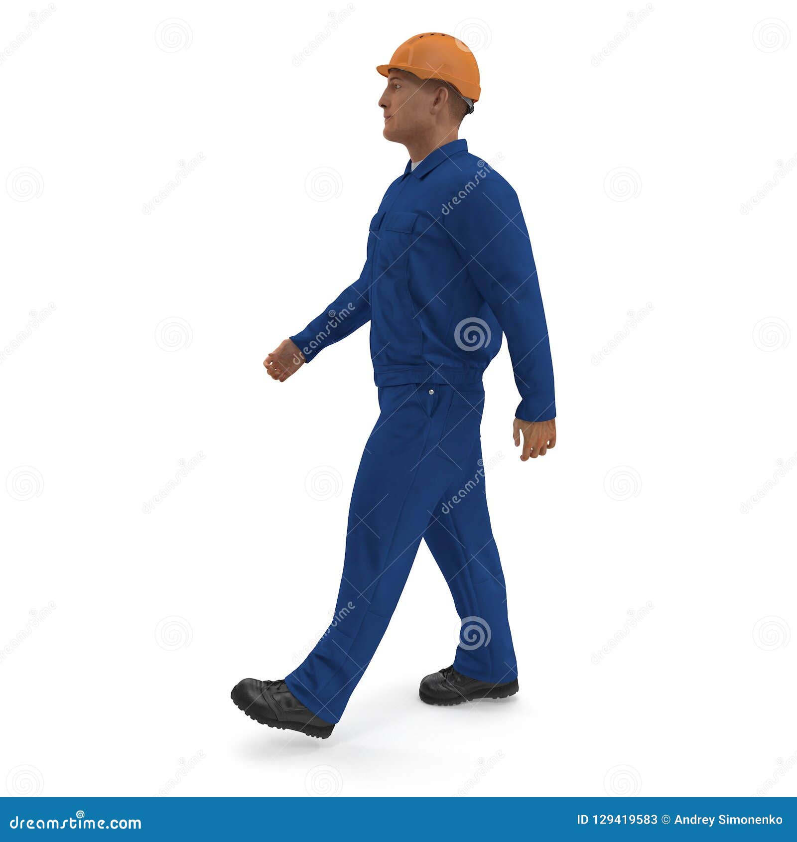 Construction Worker in Blue Coverall with Hardhat Standing Pose. 3D ...