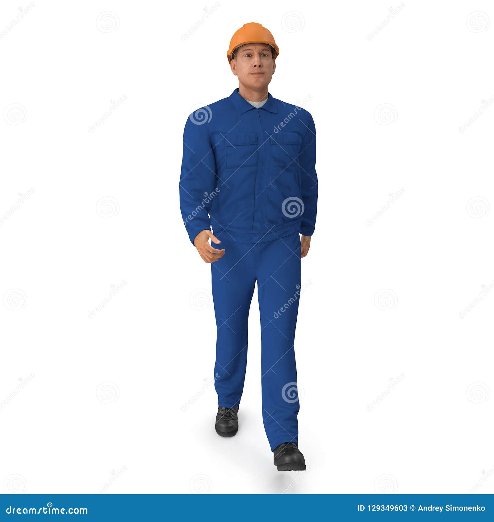 Construction Worker in Blue Coverall with Hardhat Standing Pose. 3D ...