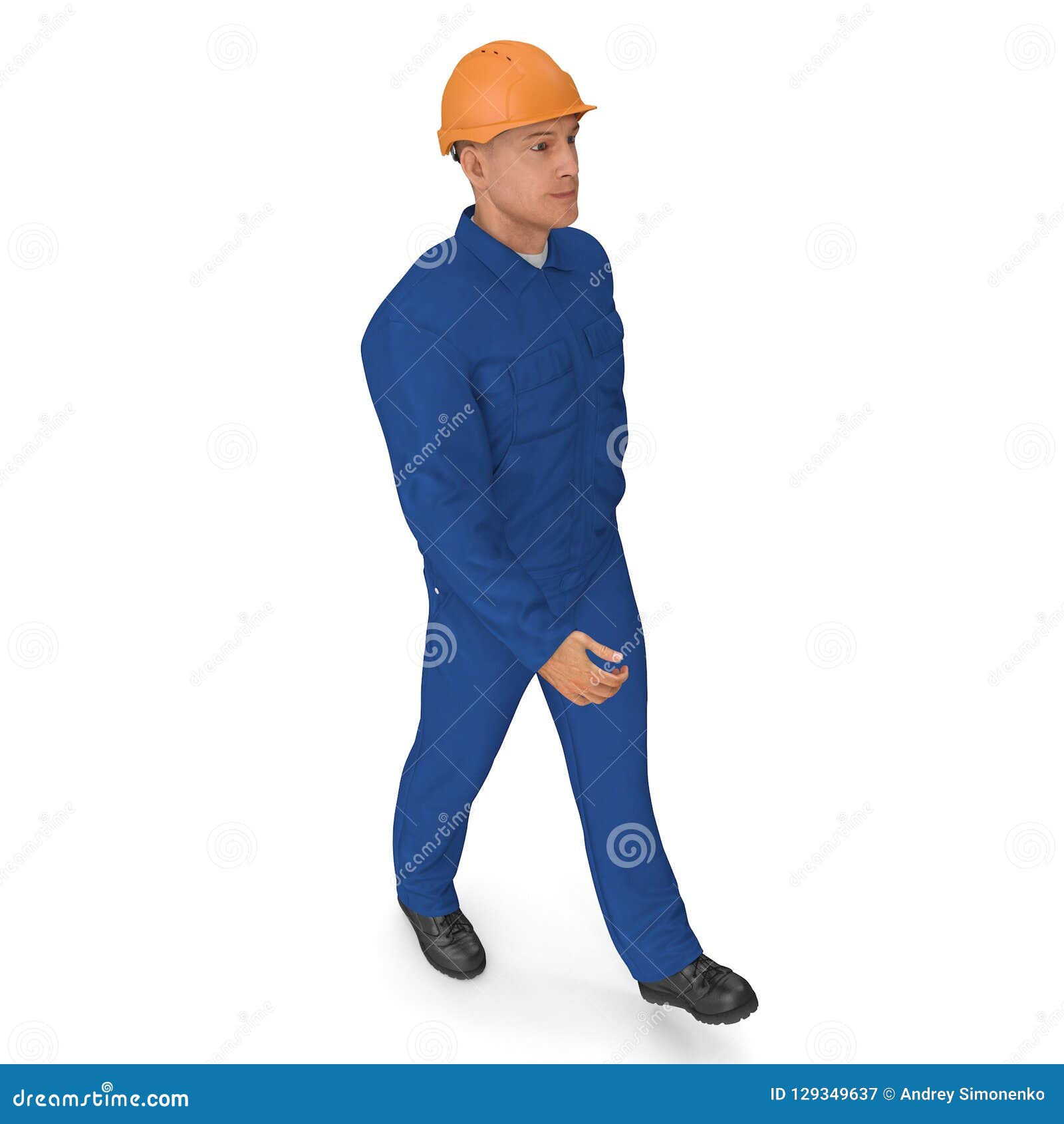 Construction Worker in Blue Coverall with Hardhat Standing Pose. 3D ...