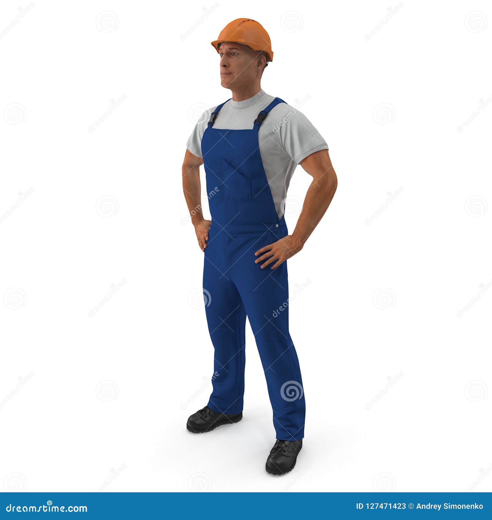 Construction Worker in Blue Overall with Hardhat Standing Pose Isolated ...