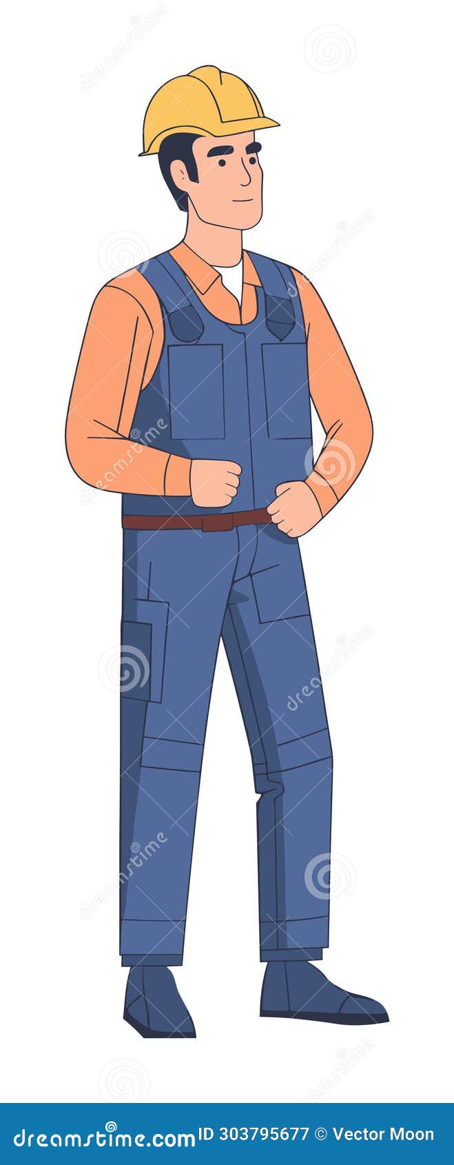Construction Worker in Blue Overalls and Yellow Helmet Stands ...