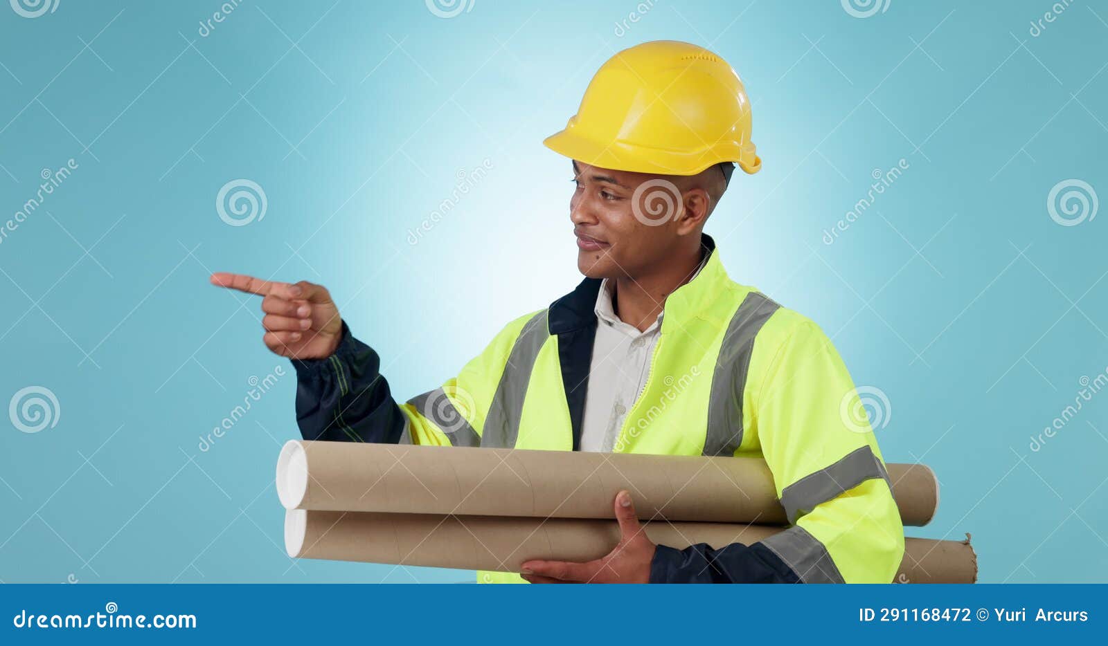 Construction Worker, Blueprint and Man is Pointing at List for ...