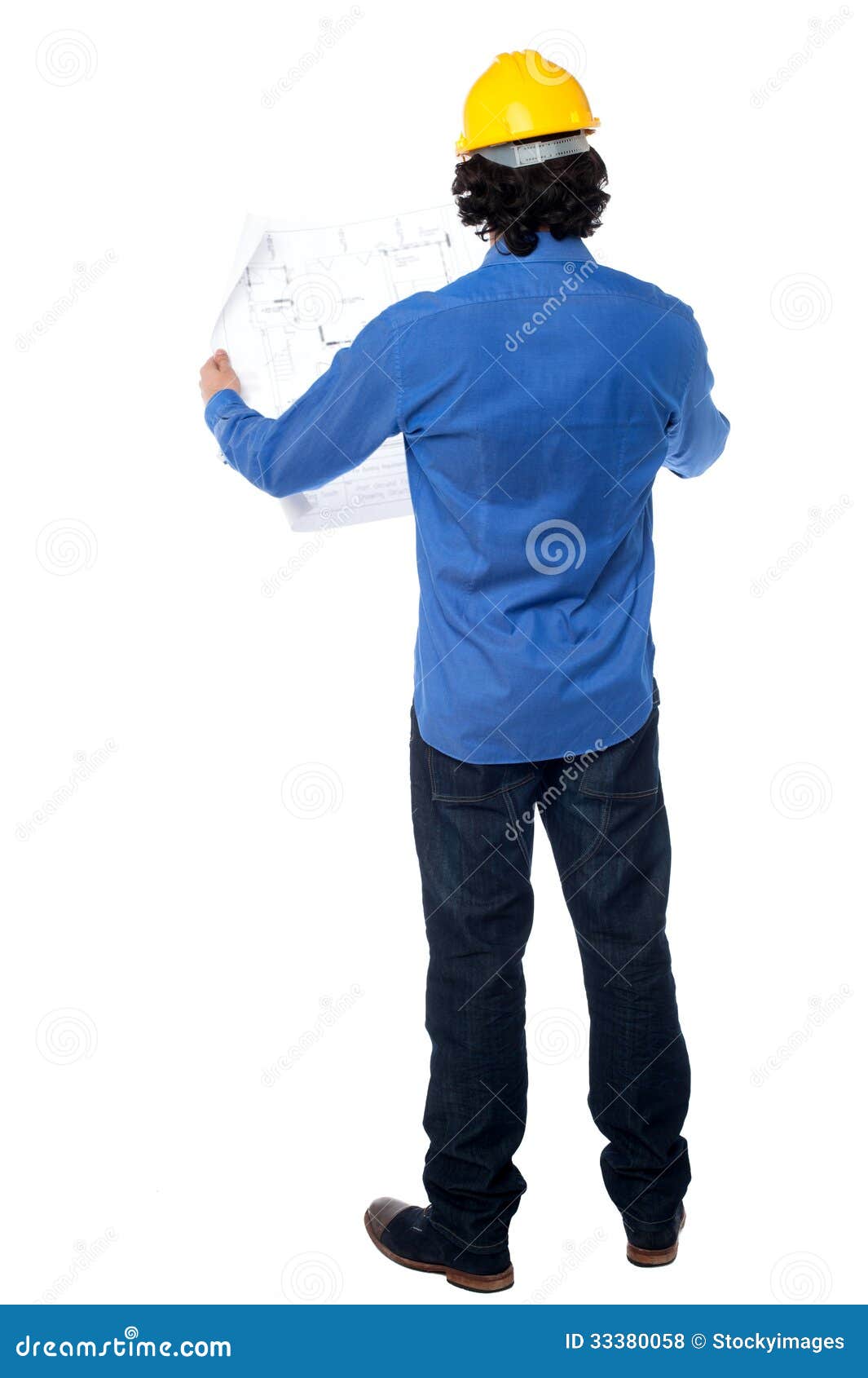 Construction Worker with Blueprint Plan Stock Photo - Image of ...