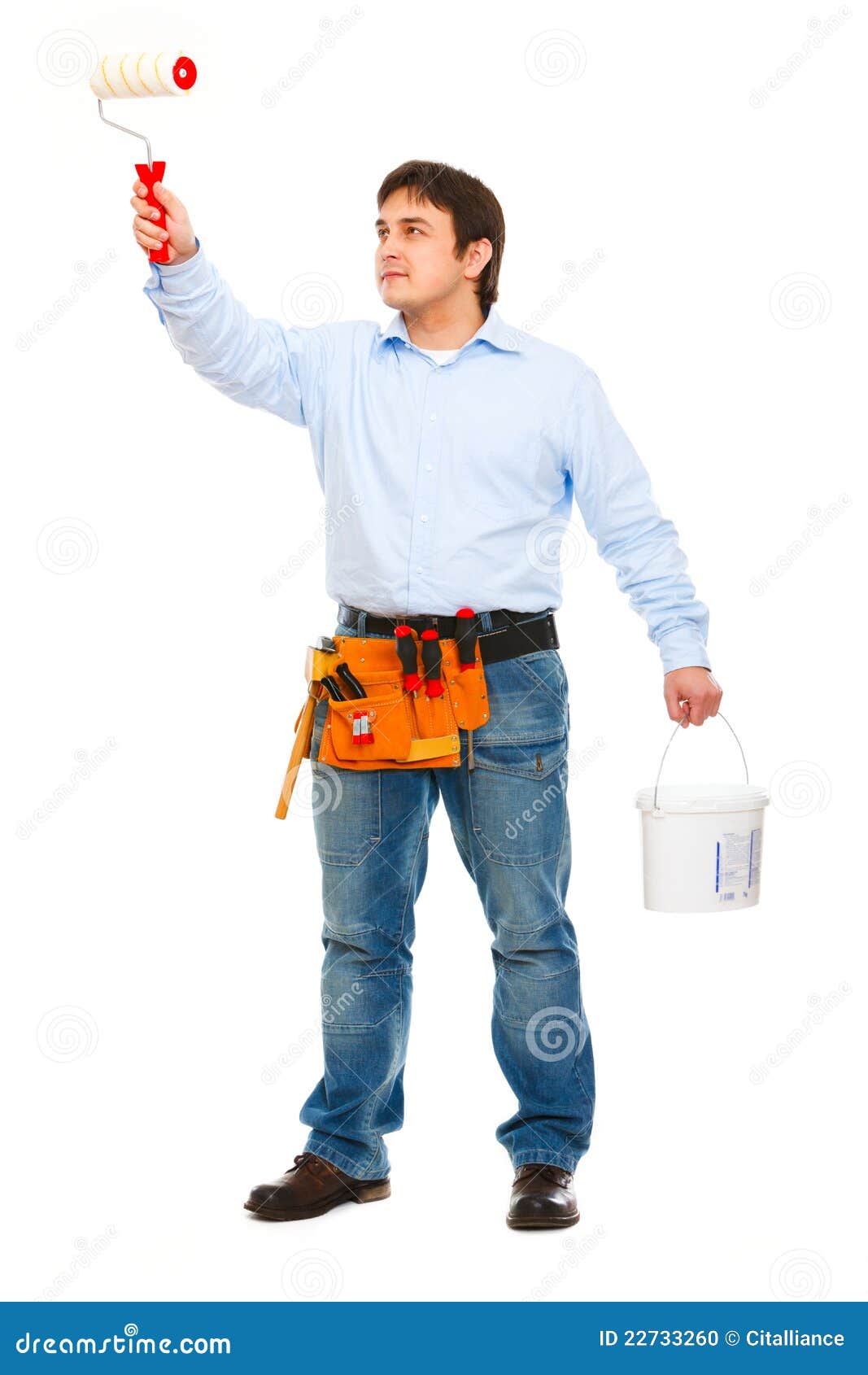 Construction Worker with Bucket and Brush Painting Stock Photo - Image ...