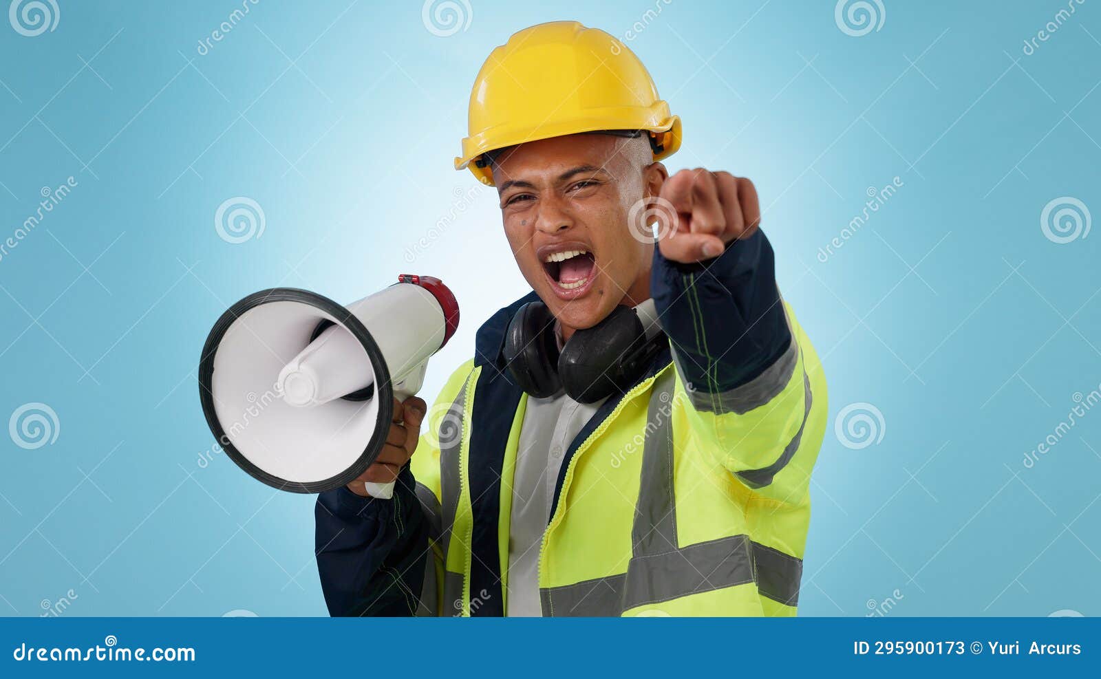 Construction Worker, Builder or Angry Man with Megaphone in Studio for ...