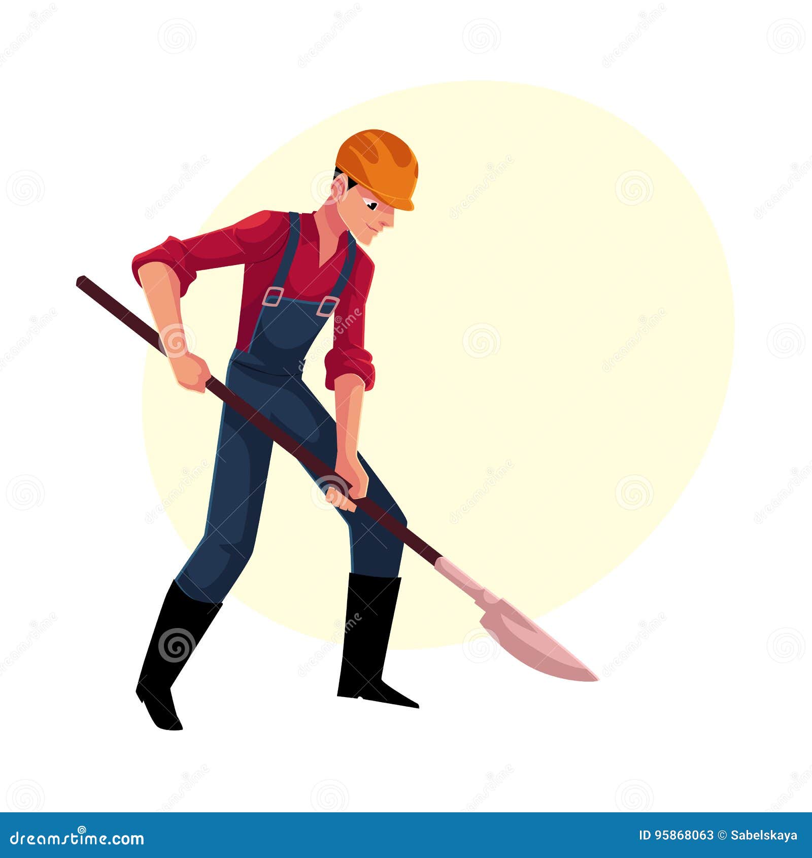 Construction Worker, Builder in Overalls and Hardhat Digging with ...